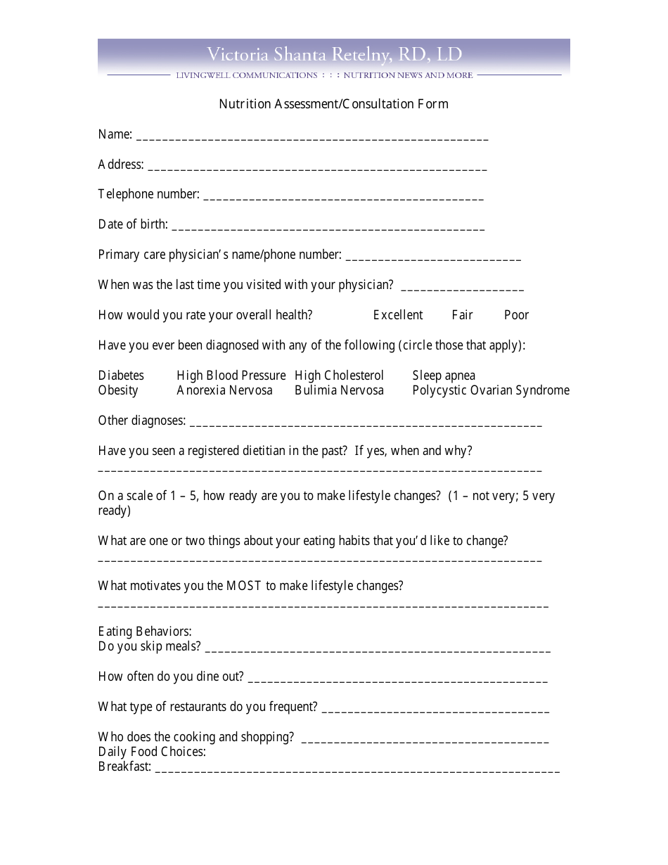 Nutrition Assessment/Consultation Form - Victoria Shanta Retelny - Fill ...