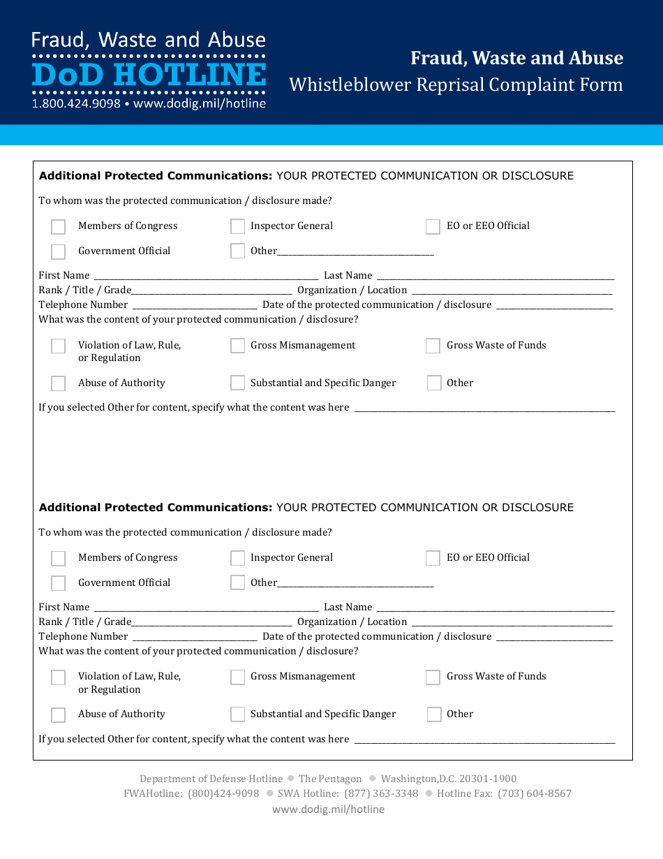 Fraud, Waste and Abuse Whistleblower Reprisal Complaint Form - Fraud ... Fraud, Waste and Abuse Whistleblower Reprisal Complaint Form - Fraud ...