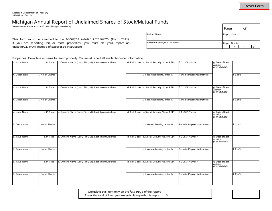 Form 3164 - Fill Out, Sign Online and Download Fillable PDF, Michigan ...
