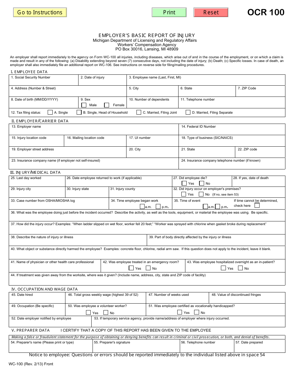 Form WC-100 - Fill Out, Sign Online and Download Fillable PDF, Michigan ...