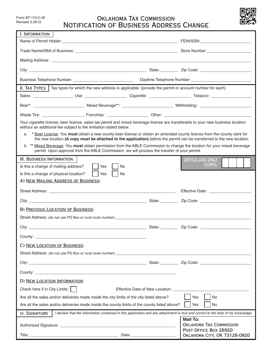 OTC Form BT-115-C-W - Fill Out, Sign Online and Download Fillable PDF, Oklahoma | Templateroller