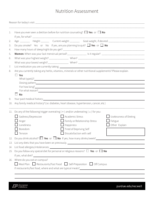 Nutrition Assessment Form Purdue University Fill Out Sign Online