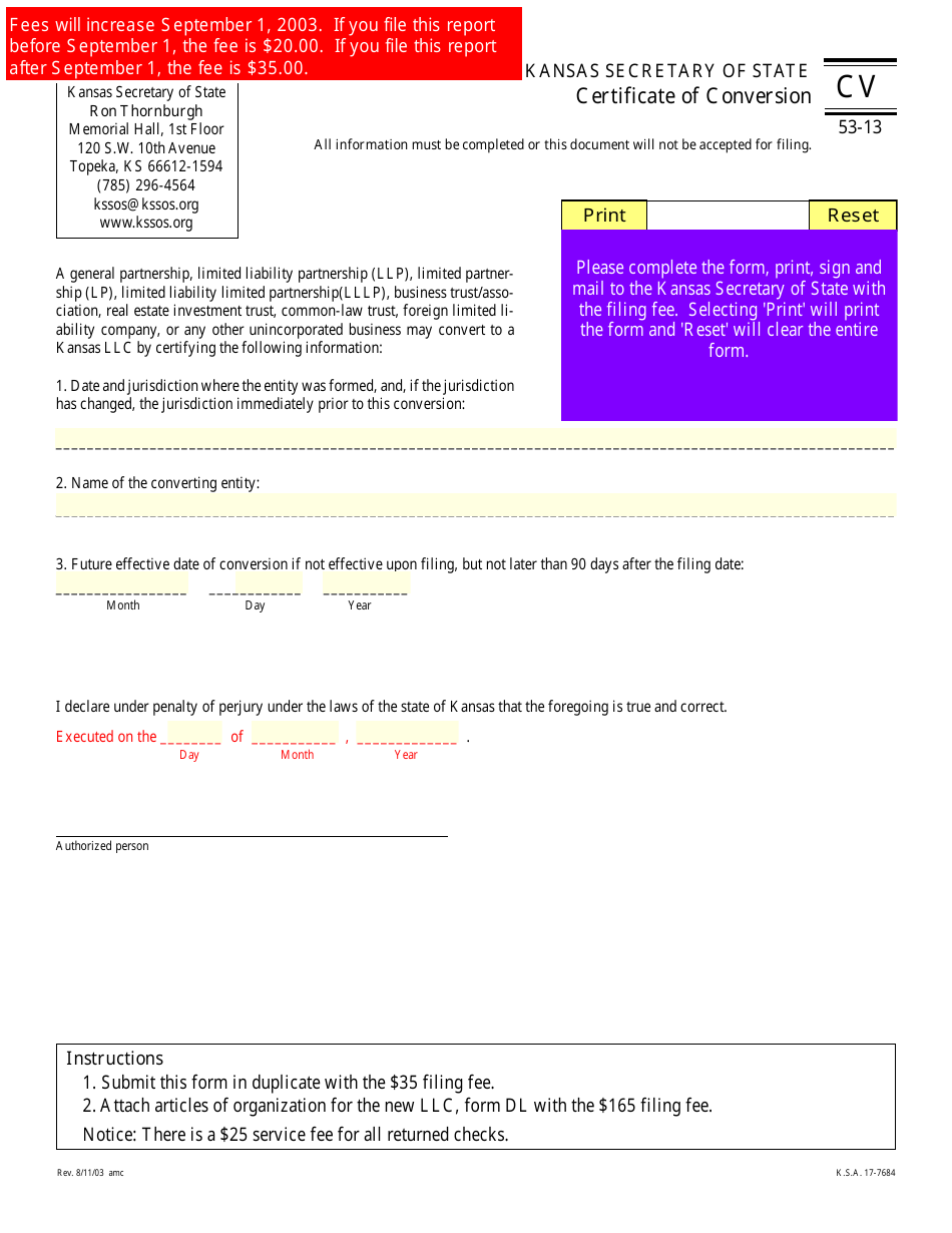 Form CV53-13 - Fill Out, Sign Online and Download Fillable PDF, Kansas ...