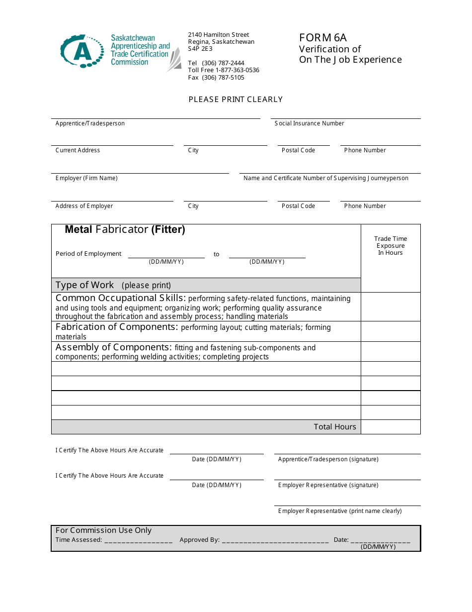 Saskatchewan Canada Verification of on the Job Experience Form ...