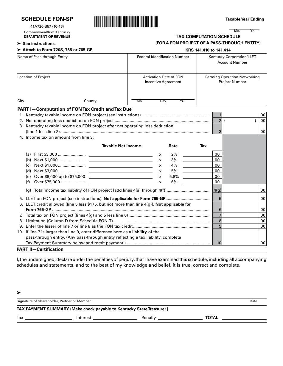 Form 41A720-S57 Schedule FON-SP - Fill Out, Sign Online and Download ...