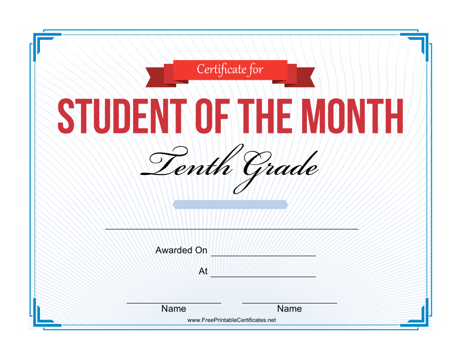 10th Grade Student of the Month Certificate Template Download Printable ...