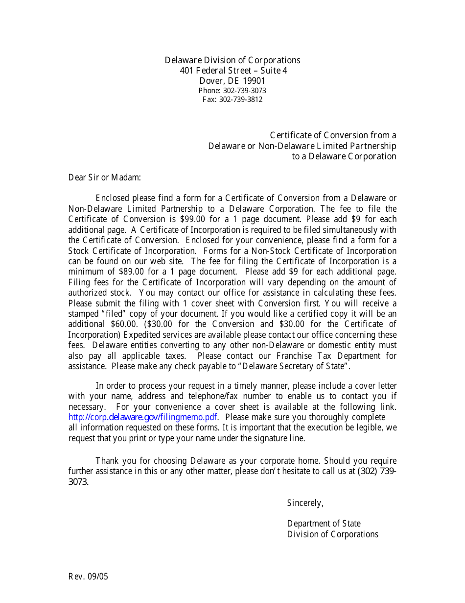 Delaware Certificate of Conversion From a Delaware or Non-delaware ...