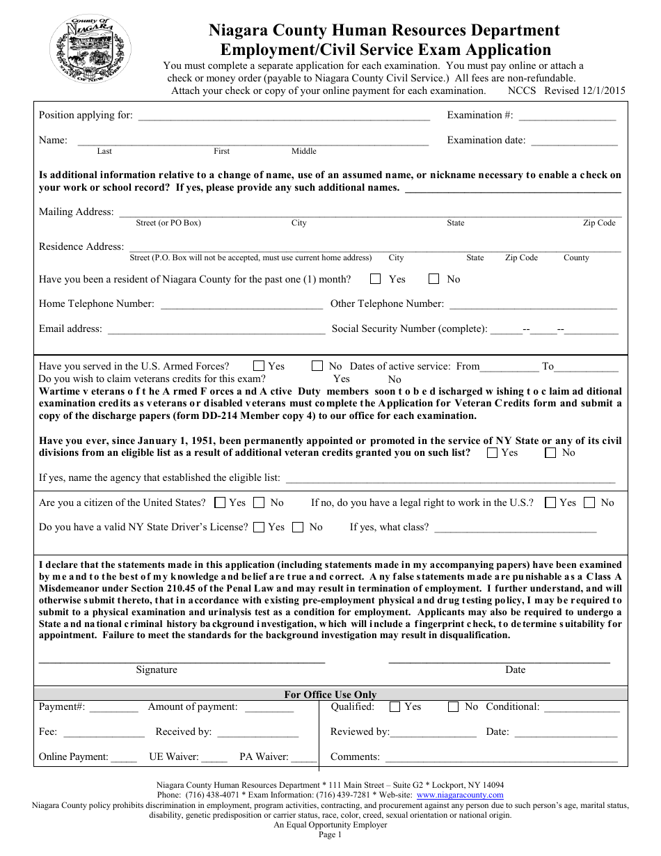 Niagara County, New York Employment/Civil Service Exam Application Form ...