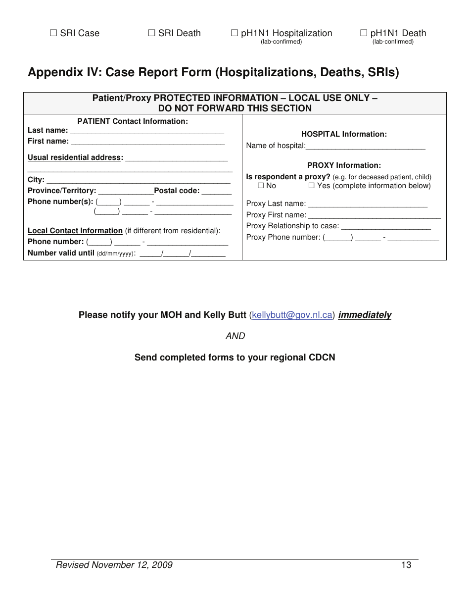 Newfoundland and Labrador Canada Case Report Form (Hospitalizations, Deaths, Sris) - Fill Out ...