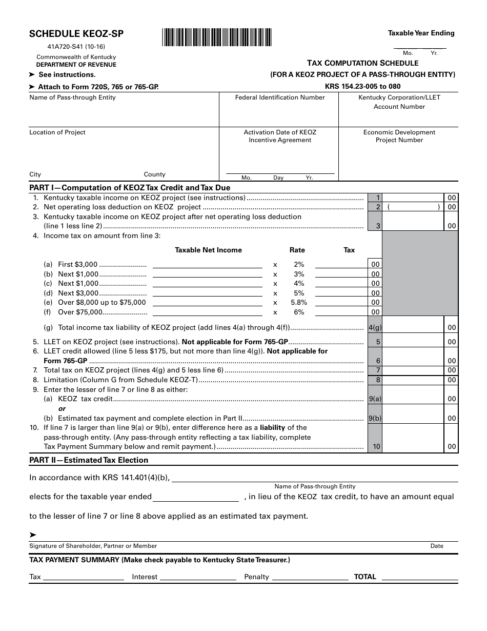 Form 41A720-S41 Schedule KEOZ-SP - Fill Out, Sign Online and Download ...