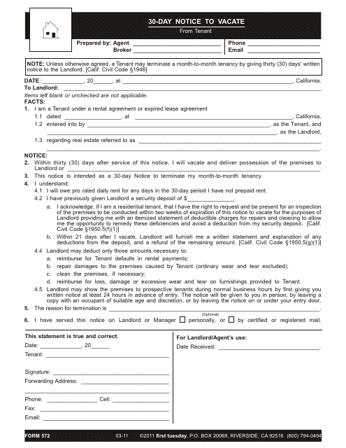 California 30 day Notice To Vacate From Tenant Download Fillable PDF 