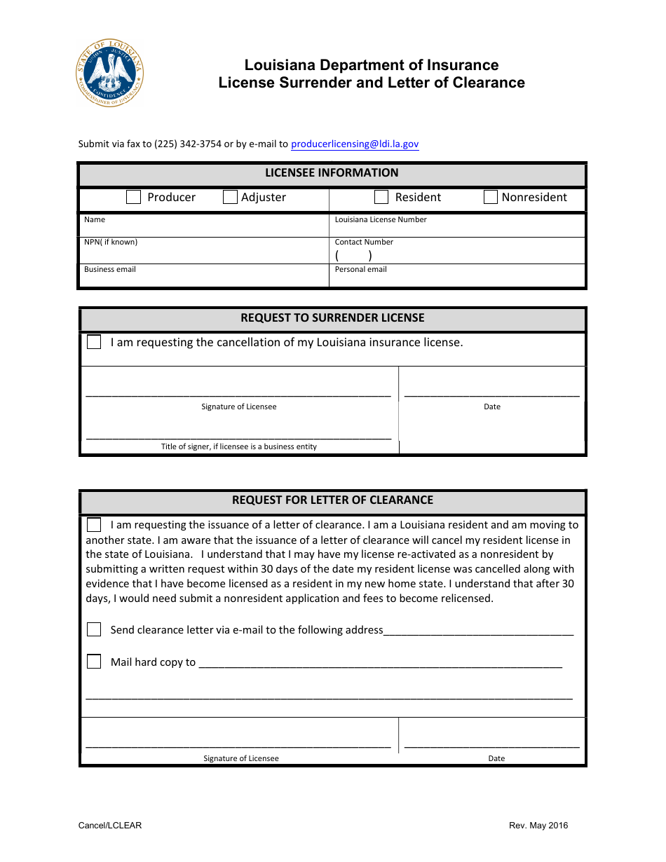 Louisiana License Surrender and Letter of Clearance - Fill Out, Sign ...