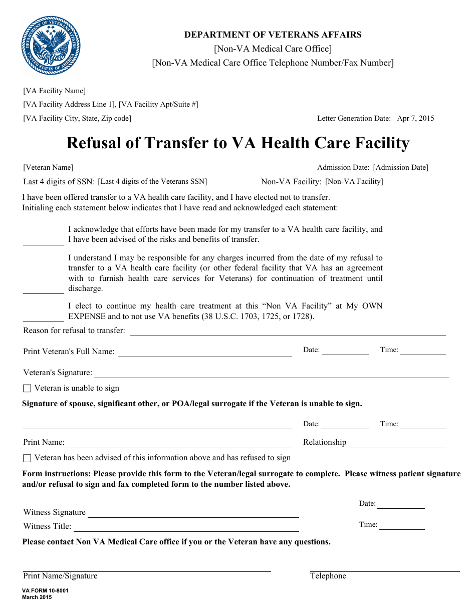 VA Form 10-8001 - Fill Out, Sign Online and Download Fillable PDF ...