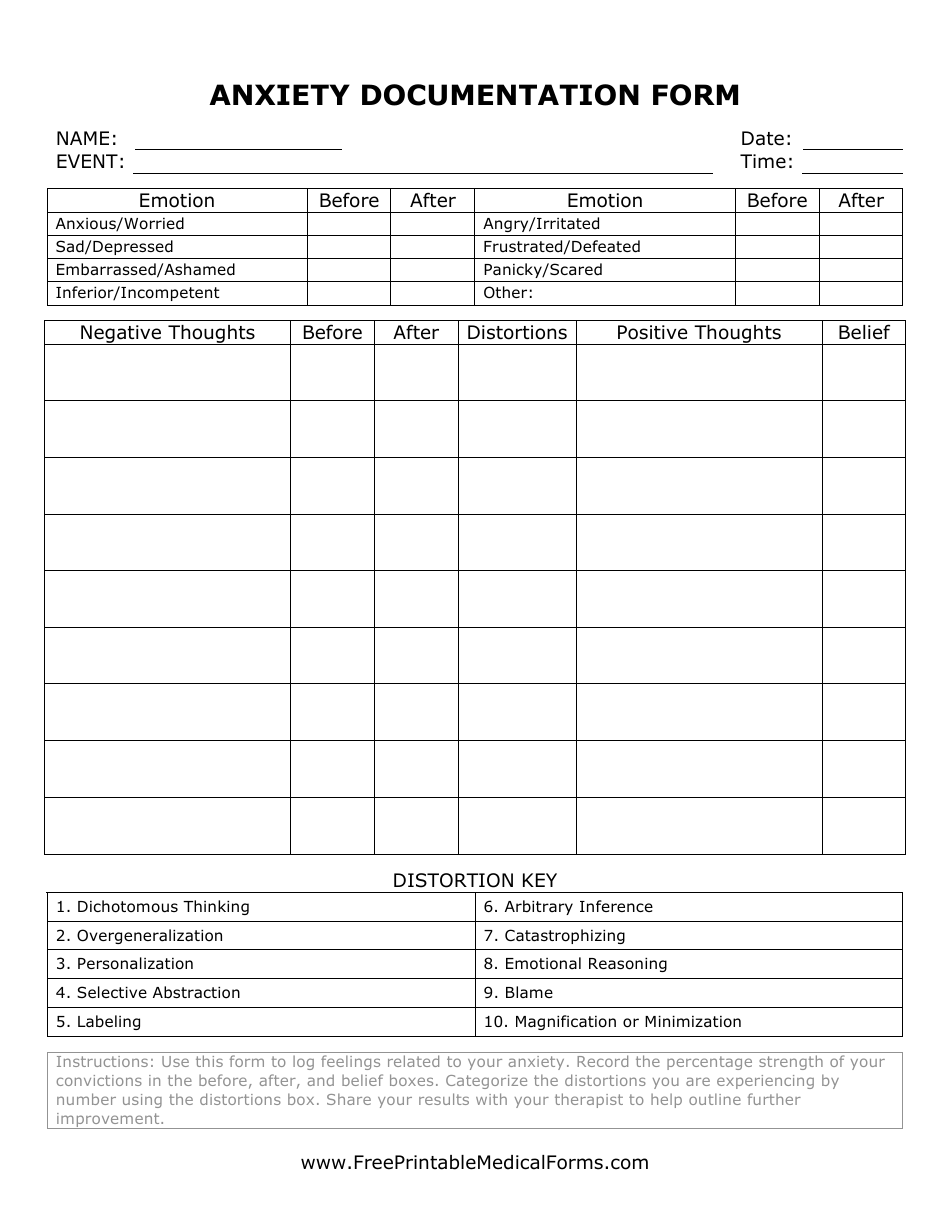 Anxiety Documentation Form - Fill Out, Sign Online and Download PDF ...