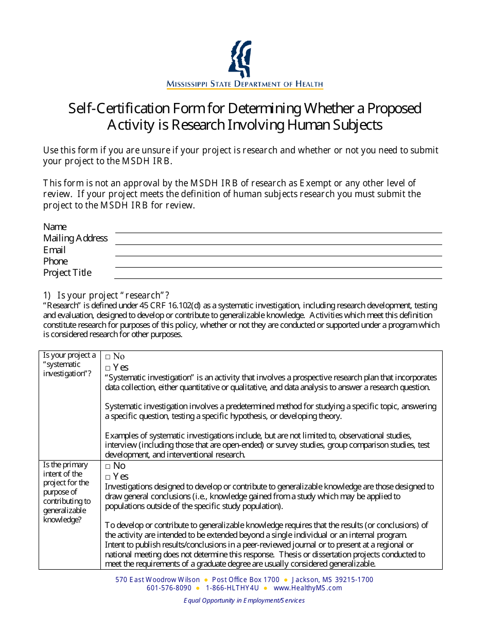Mississippi Self-certification Form for Determining Whether a Proposed ...