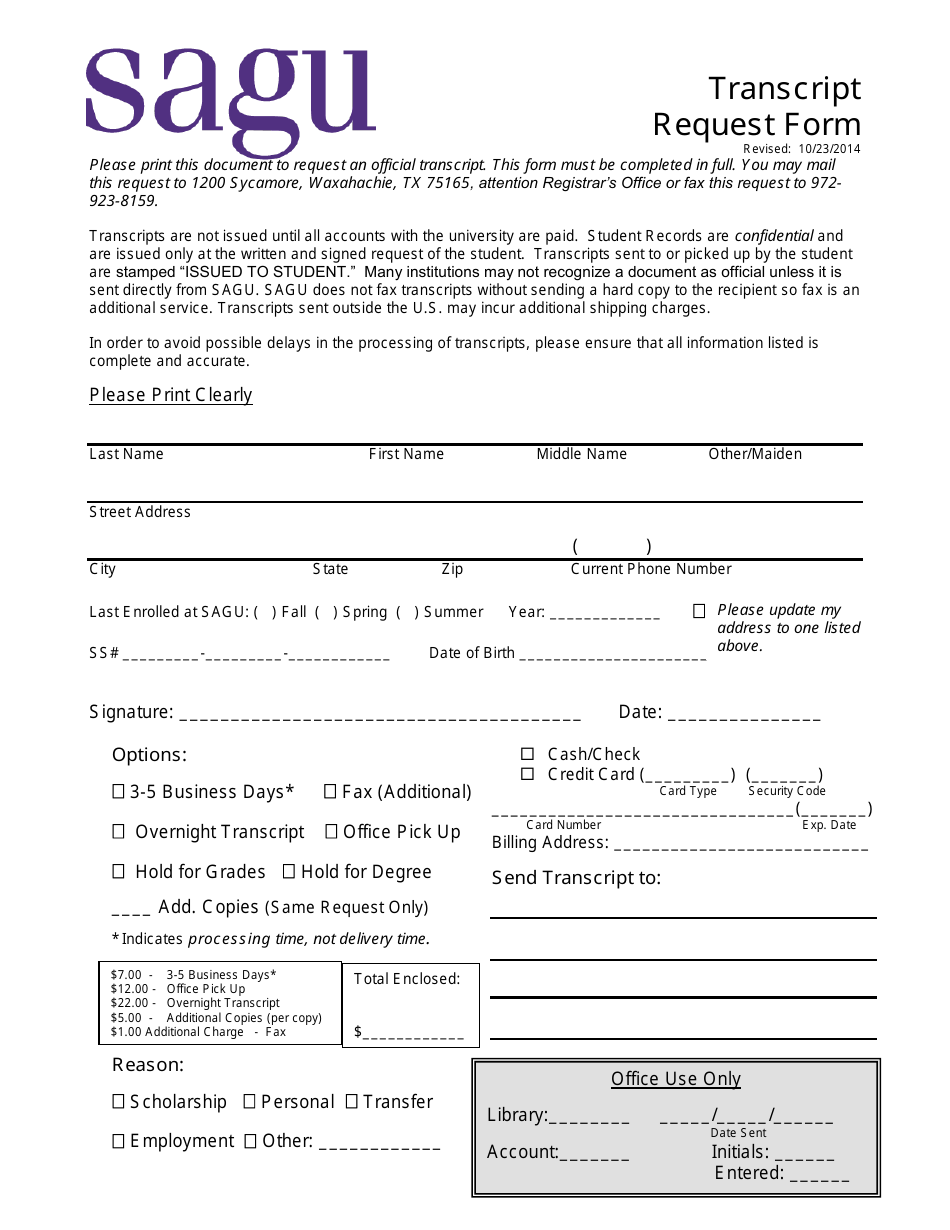 Texas Transcript Request Form - Southwestern Assemblies of God ...