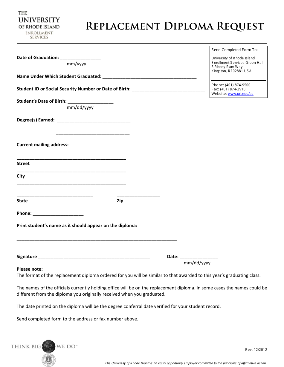 Replacement Diploma Request Form - University of Rhode Island - Fill Out, Sign Online and ...