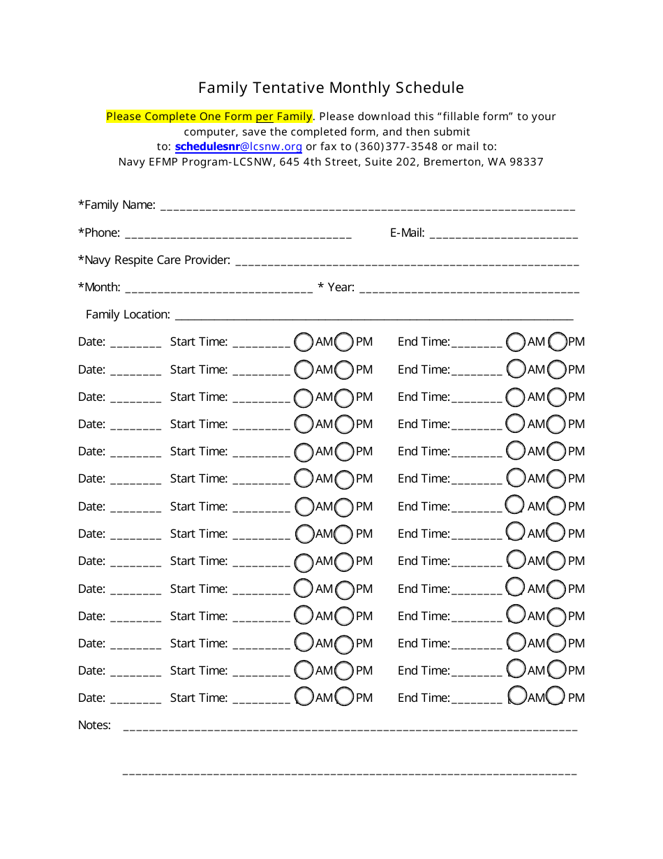 Washington Family Tentative Monthly Schedule - Fill Out, Sign Online ...