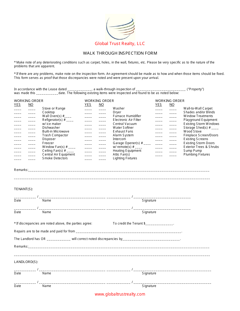 Walk Through Inspection Form - Global Trust Realty - Fill Out, Sign ...