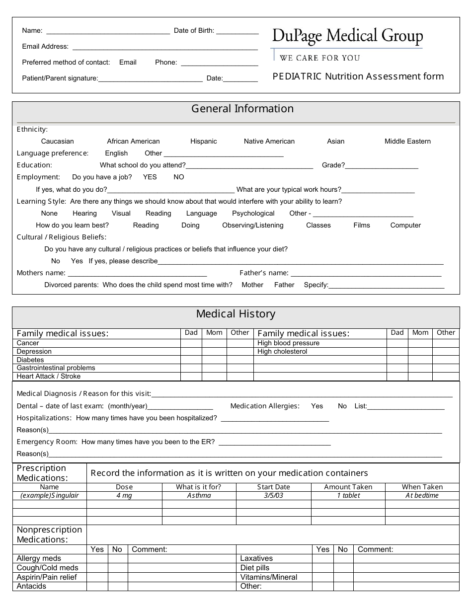 Pediatric Nutrition Assessment Form Dupage Medical Group Fill Out