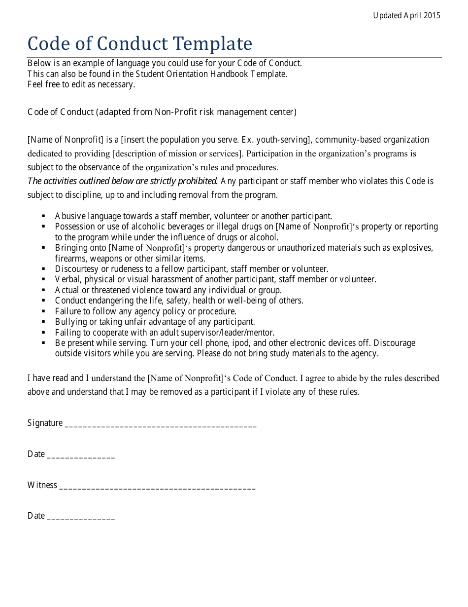 Code Of Conduct Template Sample Download Printable PDF Templateroller