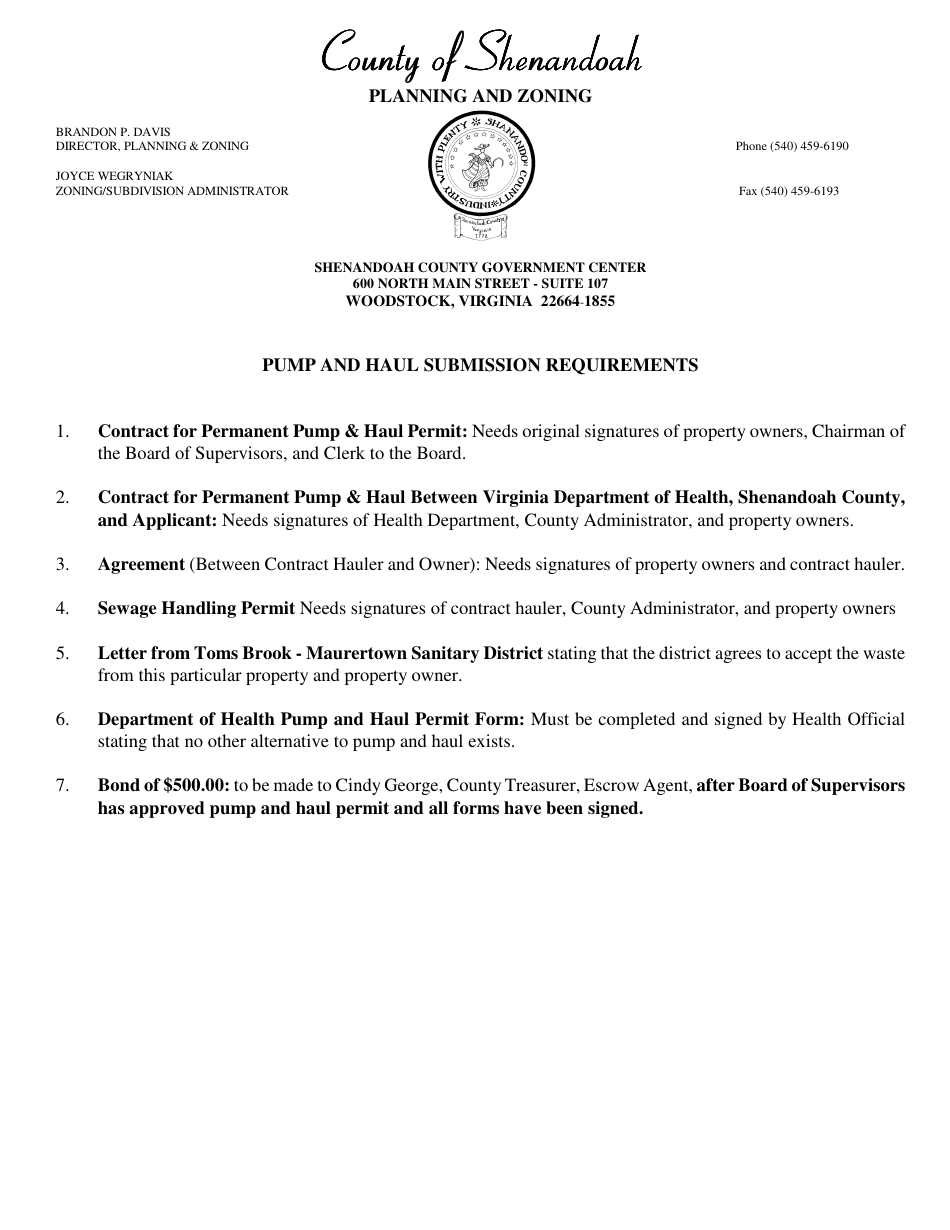 County of Shenandoah, Virginia Pump and Haul Permit Application Packet - Fill Out, Sign Online ...