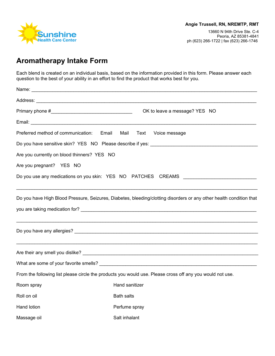 Aromatherapy Intake Form - Sunshine Healthcare Center - Fill Out, Sign ...