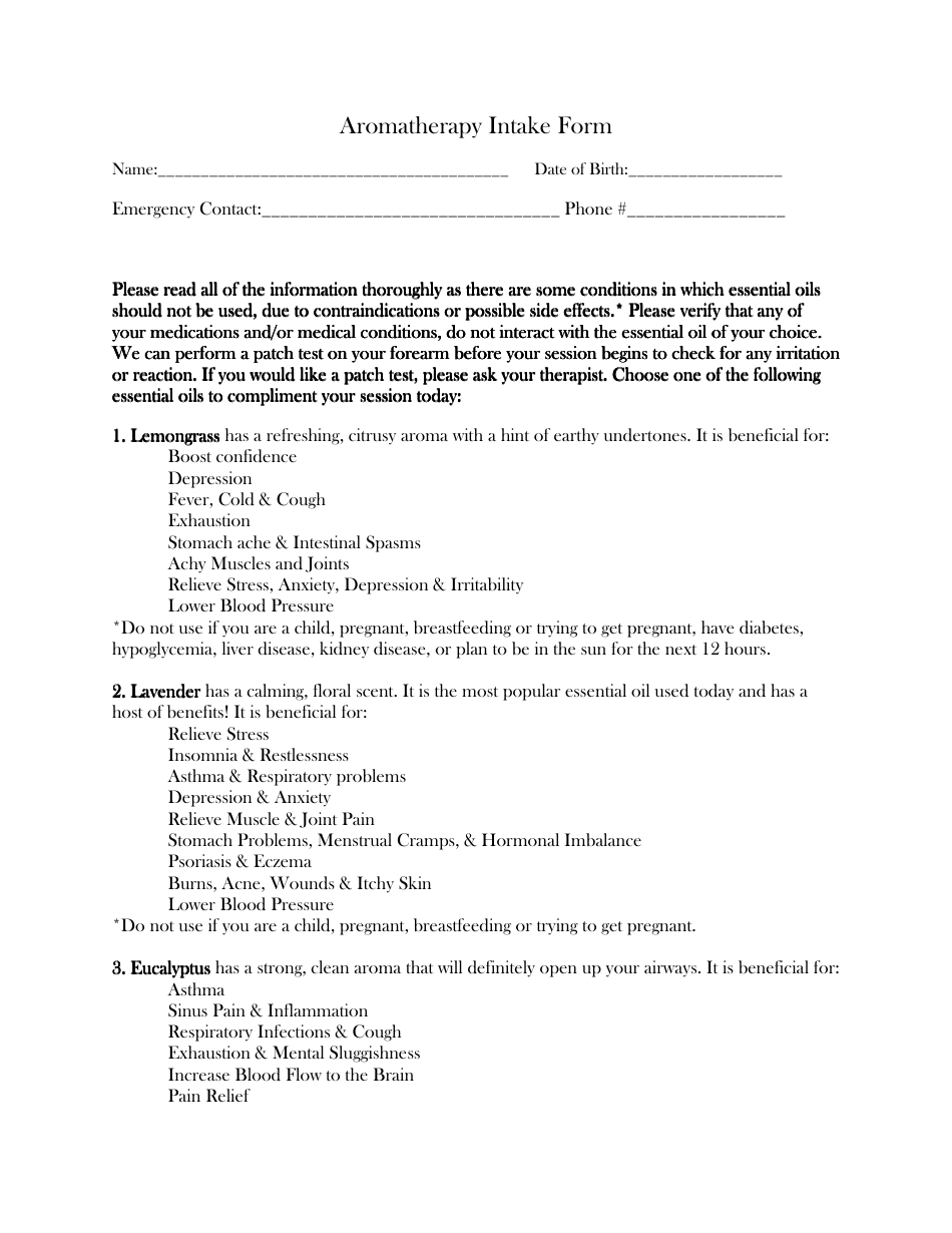 Aromatherapy Intake Form - Five Points - Fill Out, Sign Online and ...
