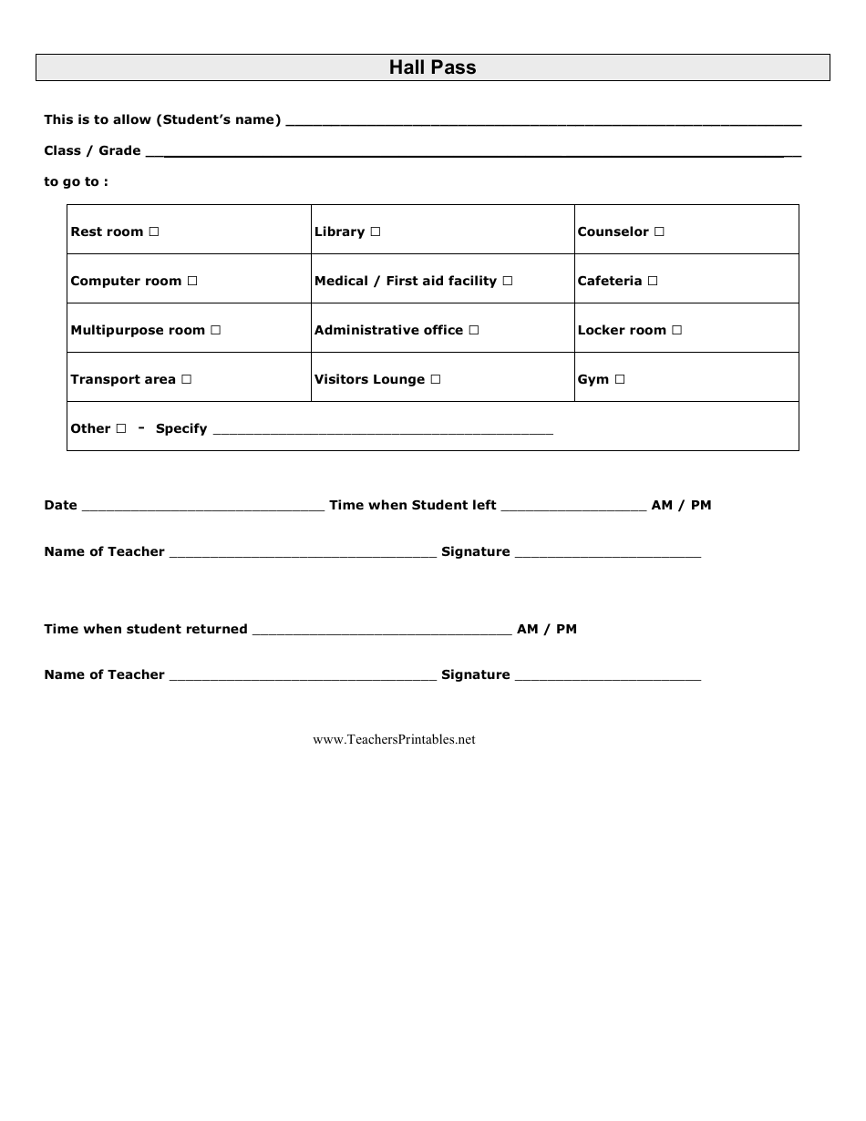 Hall Pass Template Table Download Printable PDF Templateroller