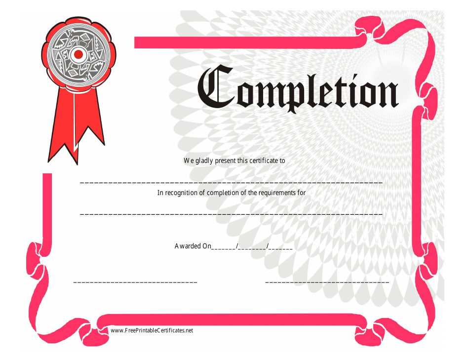 Pink Certificate of Completion Template - Red Ribbon Download Printable ...