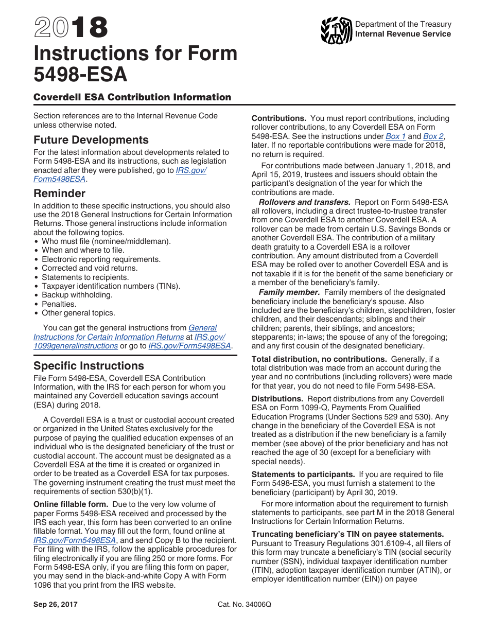 Download Instructions for IRS Form 5498-ESA Coverdell Esa Contribution ...
