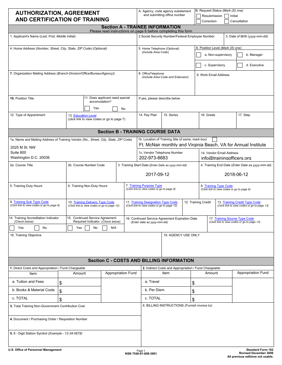 OPM Form SF-182 - Fill Out, Sign Online and Download Fillable PDF ...