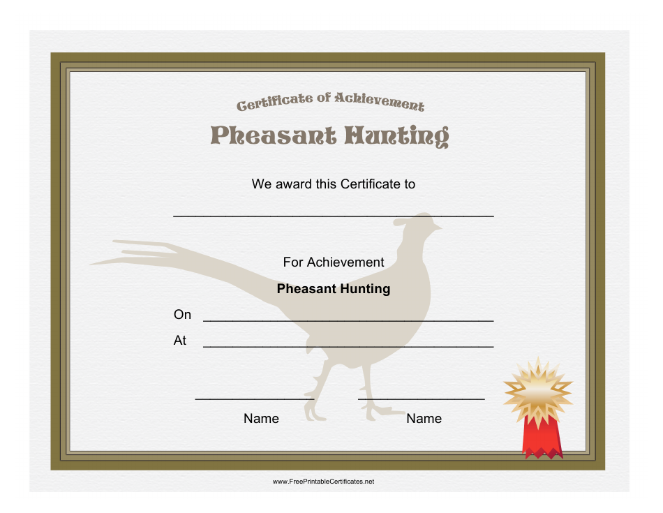 Pheasant Hunting Achievement Certificate Template Download Printable PDF | Templateroller