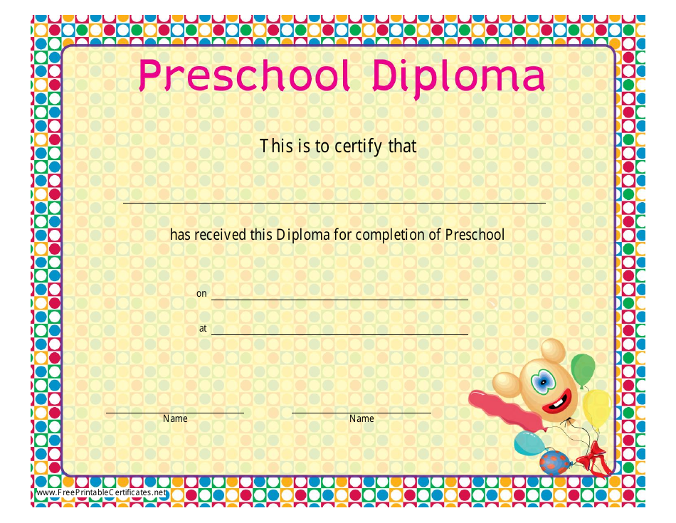 Preschool Diploma Certificate Template - Varicolored Download Printable ...