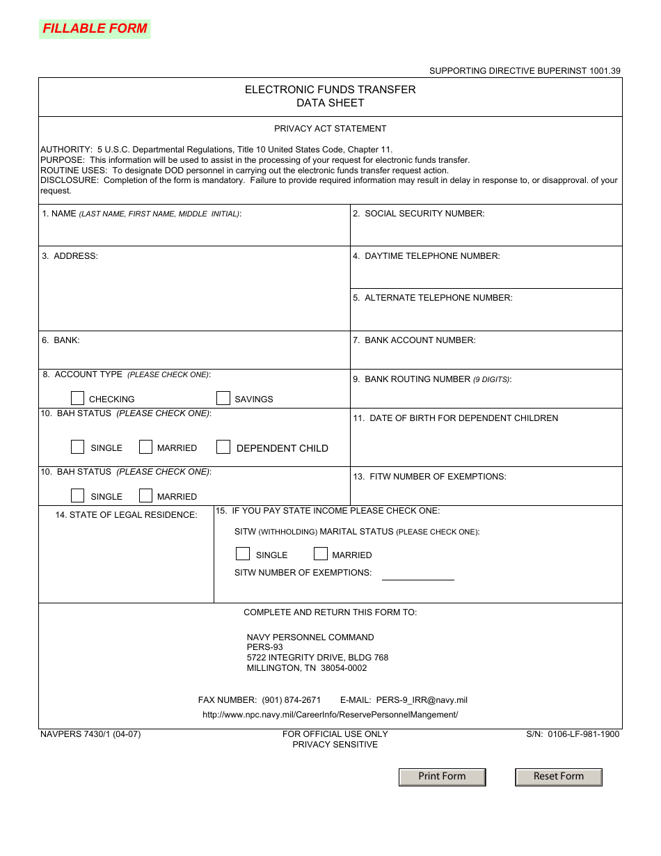 NAVPERS Form 7430/1 - Fill Out, Sign Online and Download Fillable PDF ...