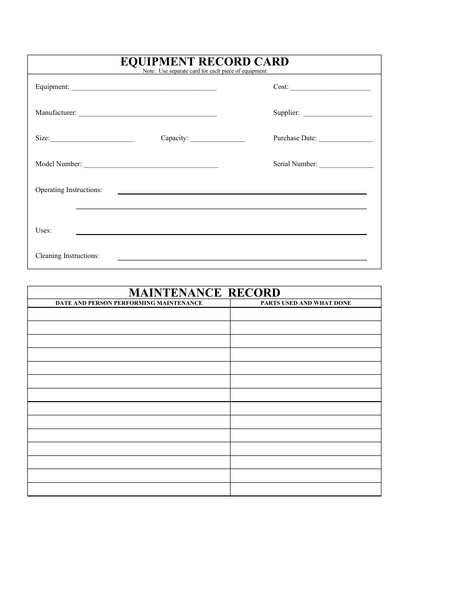 Equipment Record Card And Maintenance Log Template Download Printable