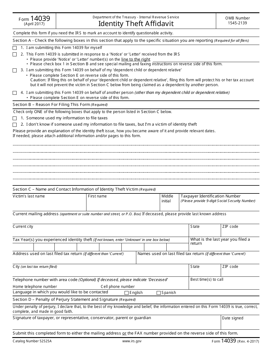 IRS Form 14039 - Fill Out, Sign Online and Download Fillable PDF ... IRS Form 14039 - Fill Out, Sign Online and Download Fillable PDF ...