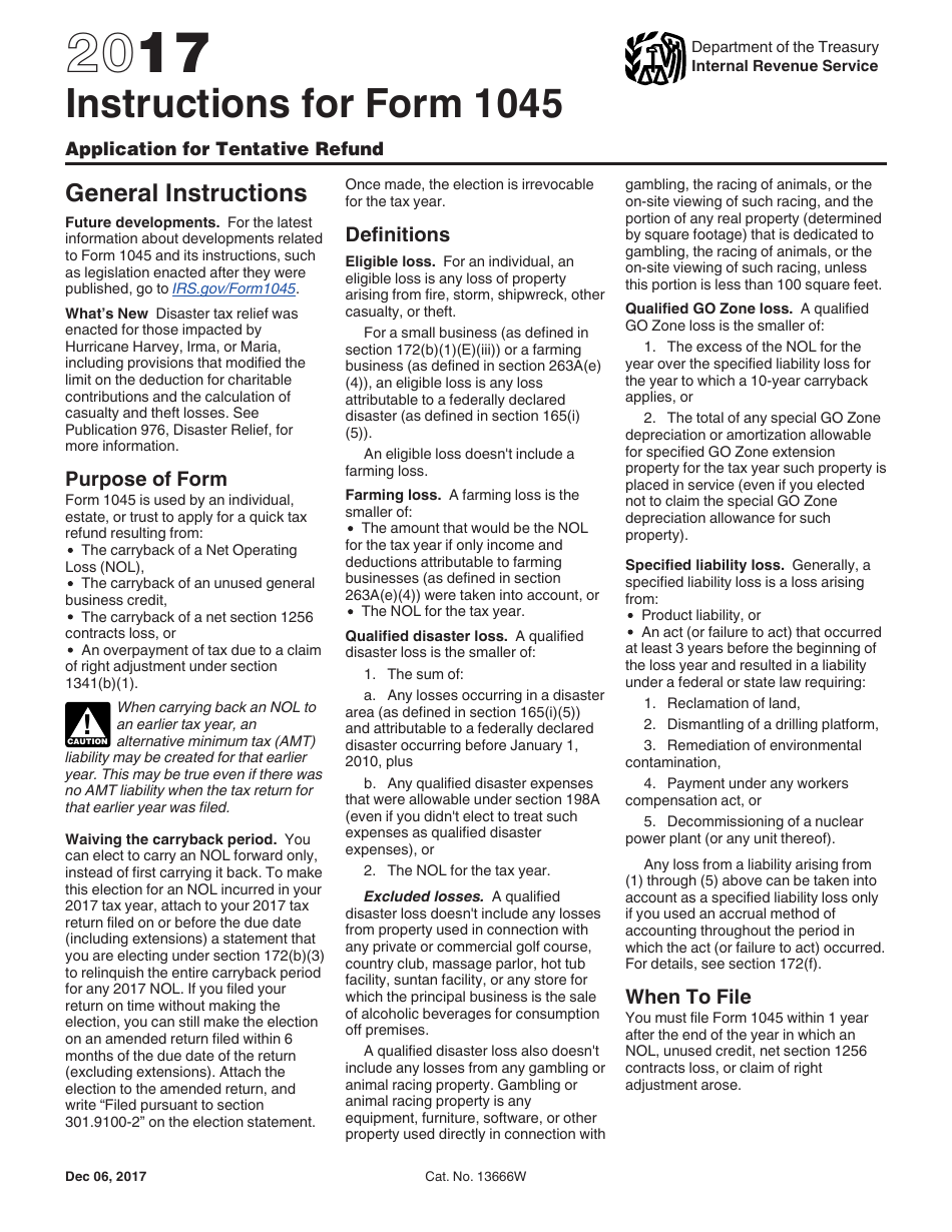 Download Instructions for IRS Form 1045 Application for Tentative ...
