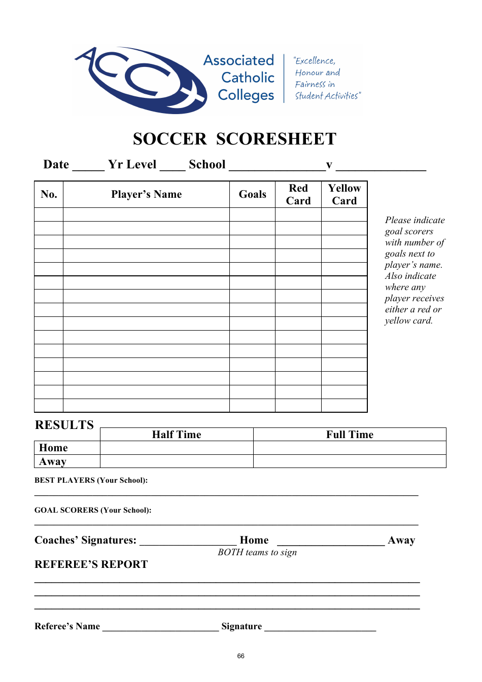 Soccer Scoresheet - Associated Catholic Colleges Download Printable PDF ...