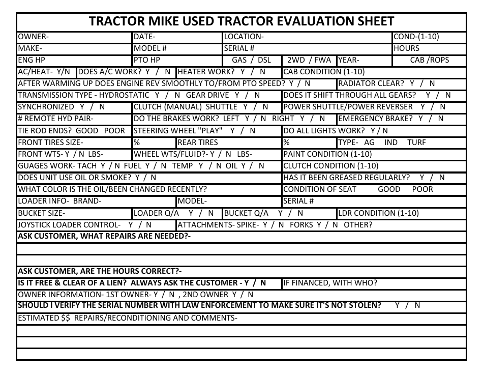 Used Tractor Evaluation Sheet Template - Tractor Mike Download ...