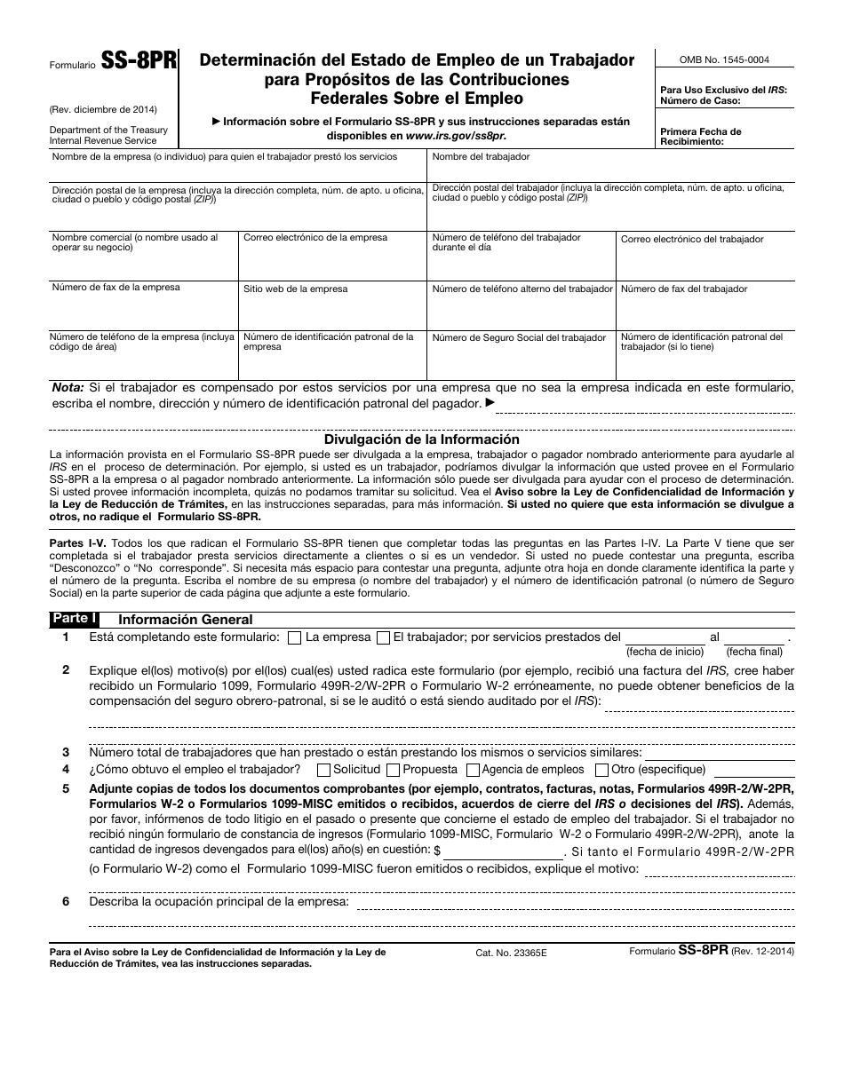 IRS Formulario SS-8PR - Fill Out, Sign Online and Download Fillable PDF ...
