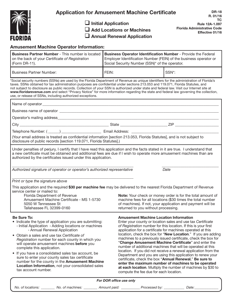 Form DR-18 - Fill Out, Sign Online and Download Printable PDF, Florida ...