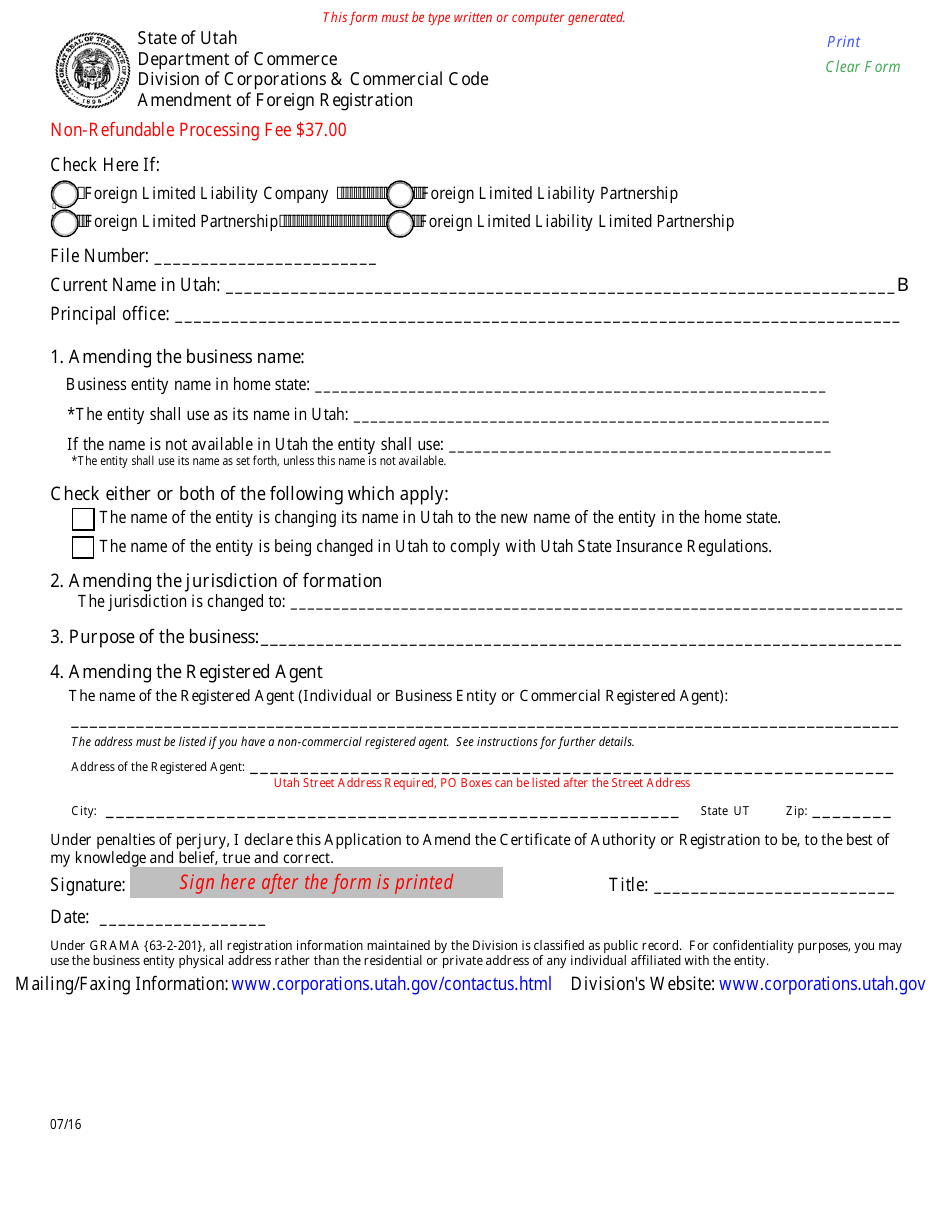 Utah Amendment of Foreign Registration - Fill Out, Sign Online and ...