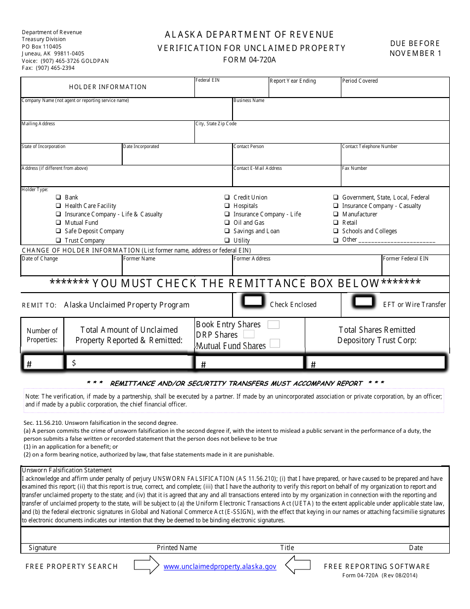 Form 04-720A - Fill Out, Sign Online and Download Printable PDF, Alaska ...