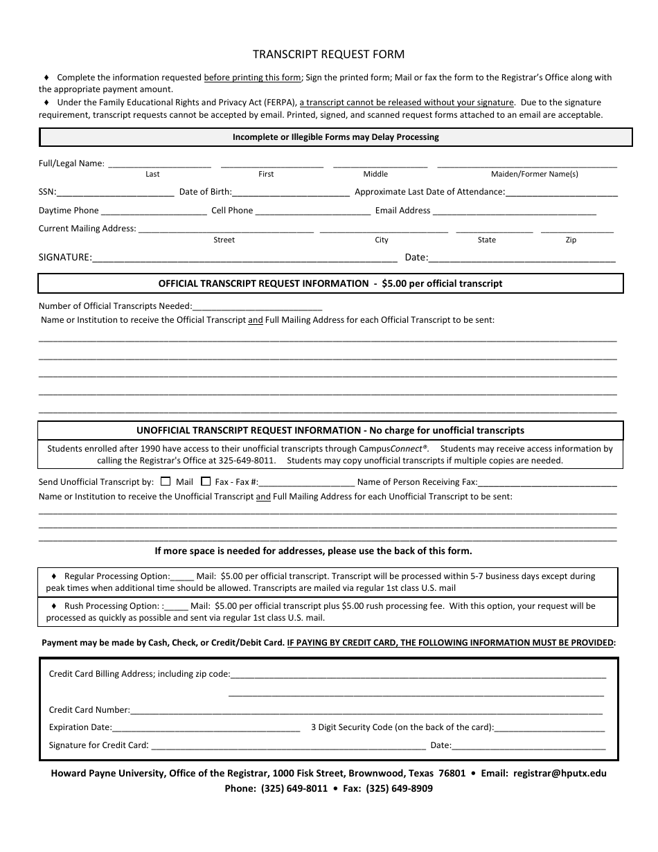 Texas Transcript Request Form - Howard Payne University - Fill Out ...