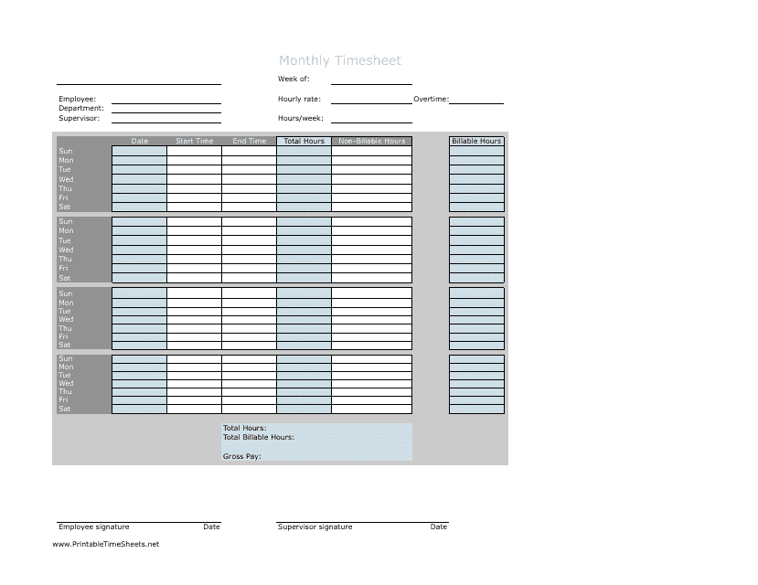 Monthly Billable Hours Timesheet Template Download Printable PDF 