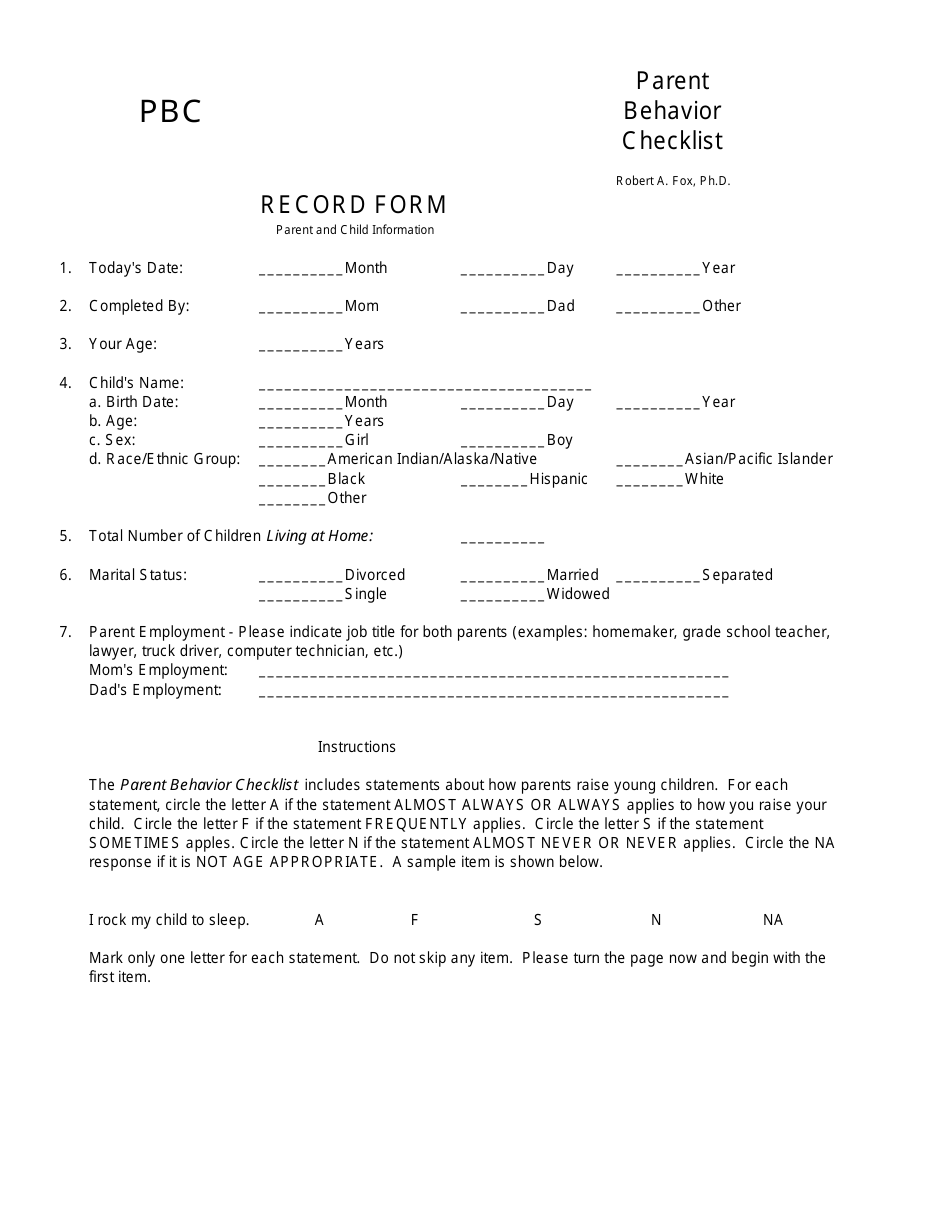 Parent Behavior Checklist Template Download Printable PDF | Templateroller