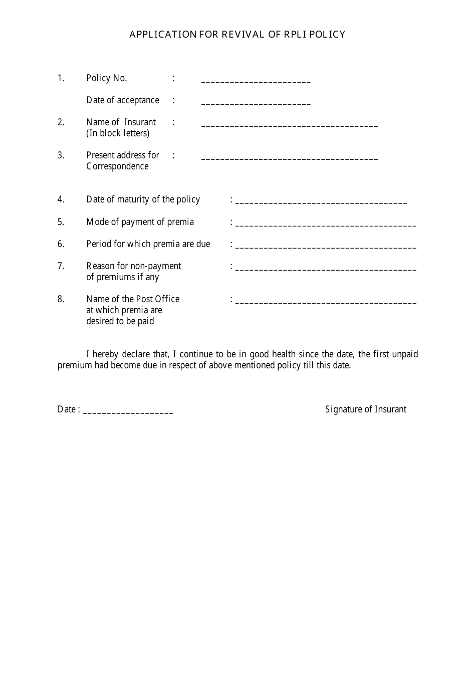India Application for Revival of Rpli Policy - Fill Out, Sign Online ...