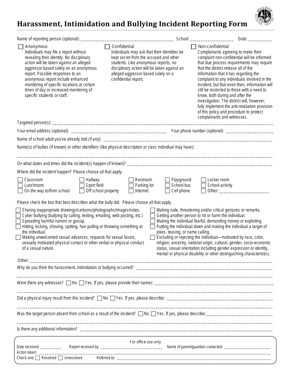 Harassment, Intimidation and Bullying Incident Reporting Form ...