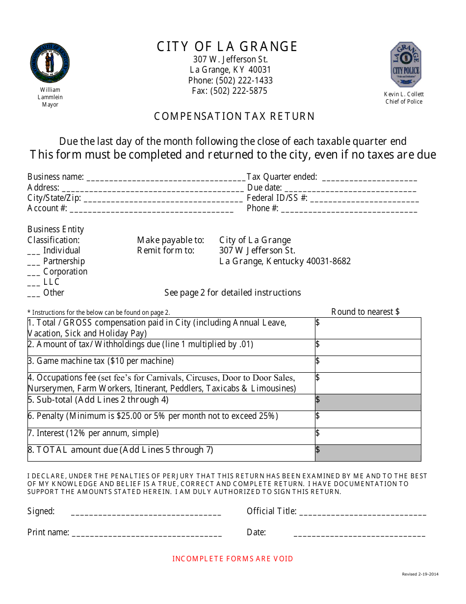 City of La Grange, Kentucky Compensation Tax Return - Fill Out, Sign ...